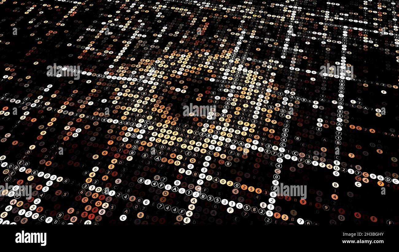 Randomly changing symbols inside blinking circles on black background ...