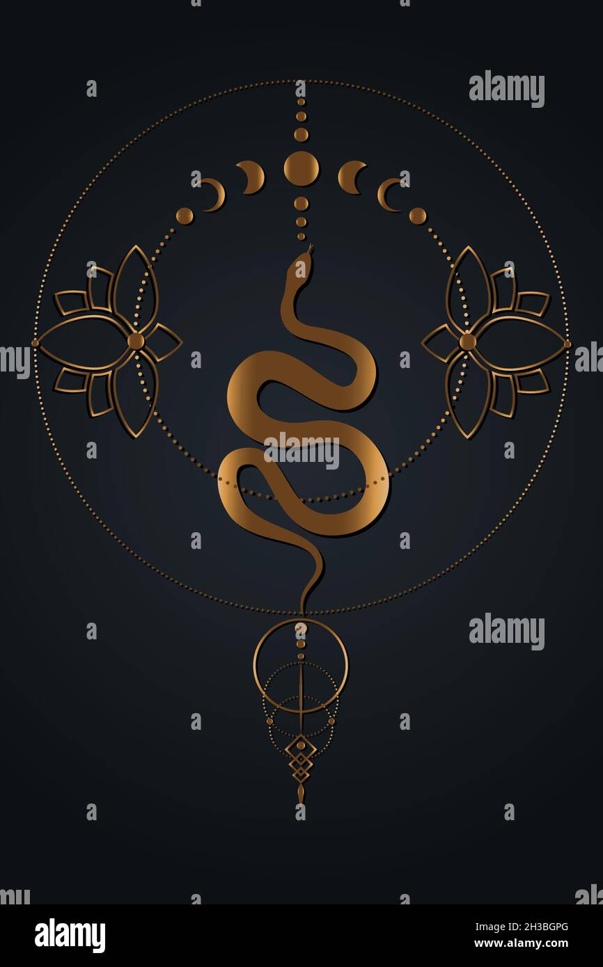 Magic mystic Snake, Moon Phases. Sacred geometry, gold luxury pagan ...