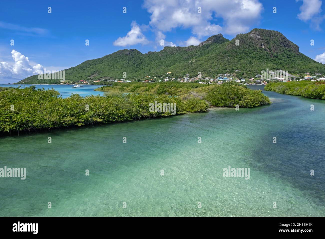 View over Ashton Lagoon and the town on Union Island, part of the ...