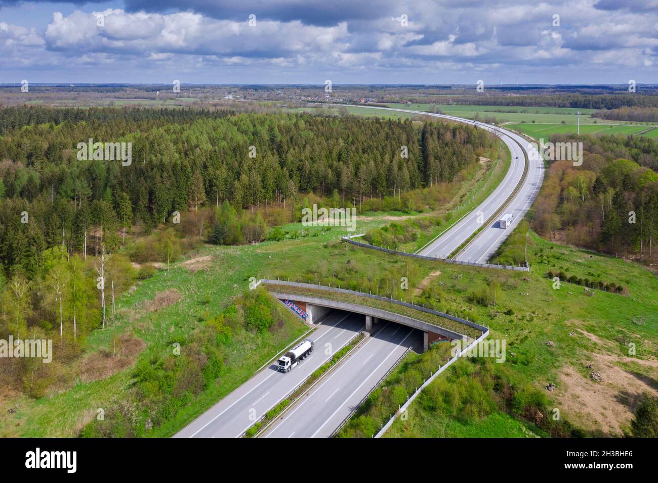 Aerial view over wildlife crossing / wildlife overpass / animal bridge ...