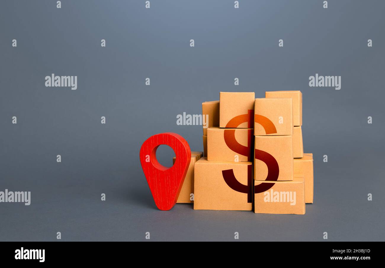 Boxes with dollar symbol and red location pin. Transportation ...