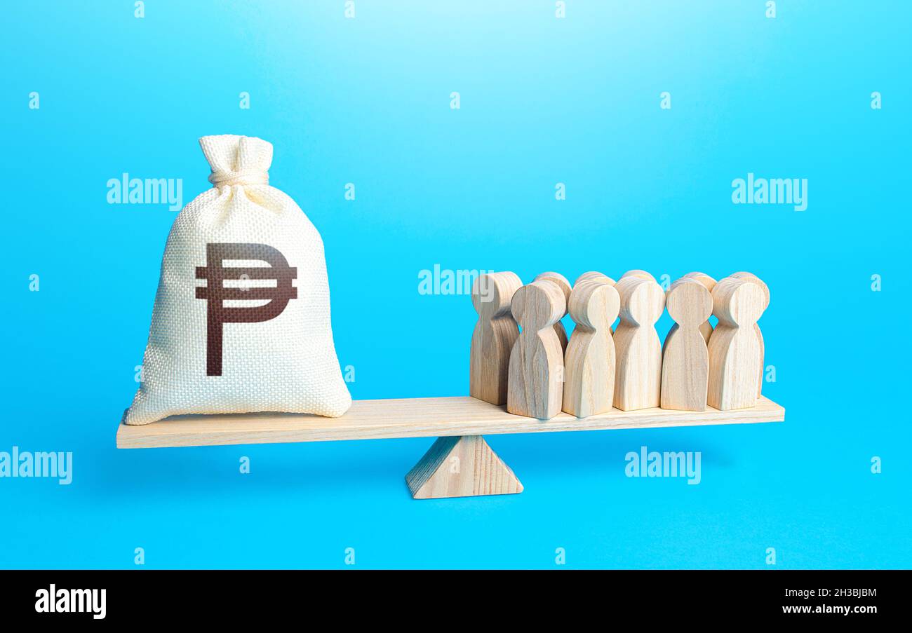 People and philippine peso money bag on weight scales. Required payment ...