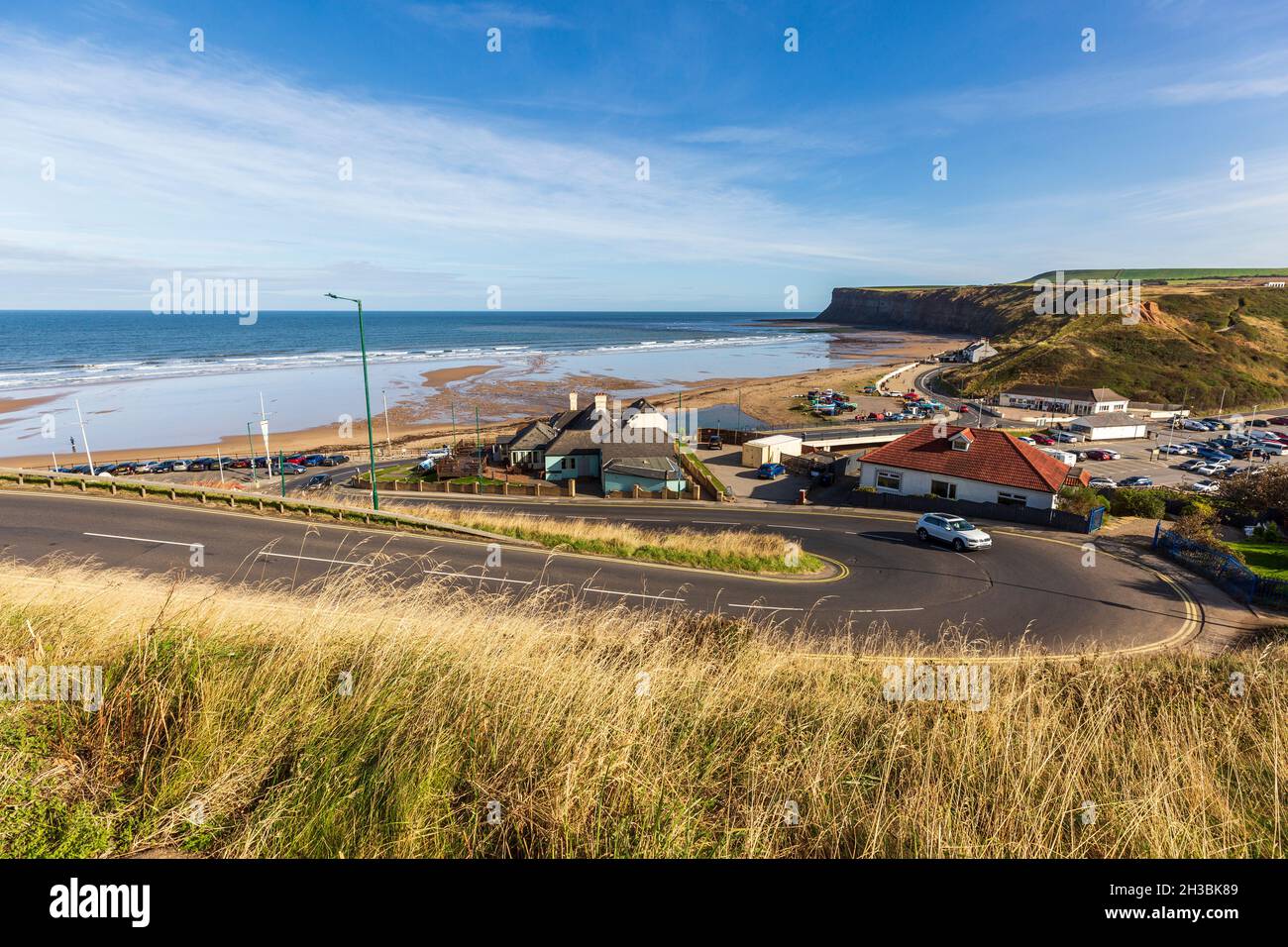 The winding coastal road from the beach to the town at Saltburn-by-the ...