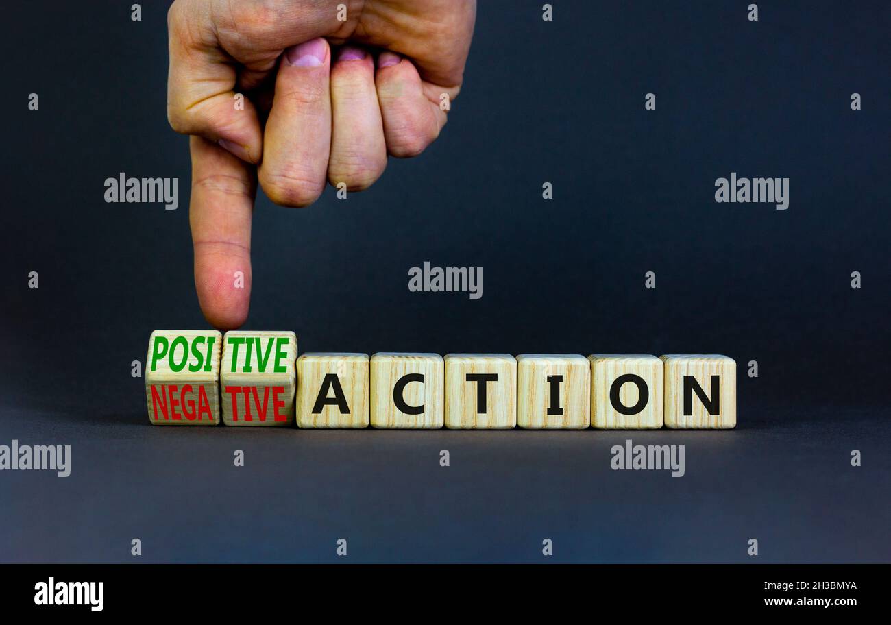 Positive or negative action symbol. Businessman turns cubes and changes ...