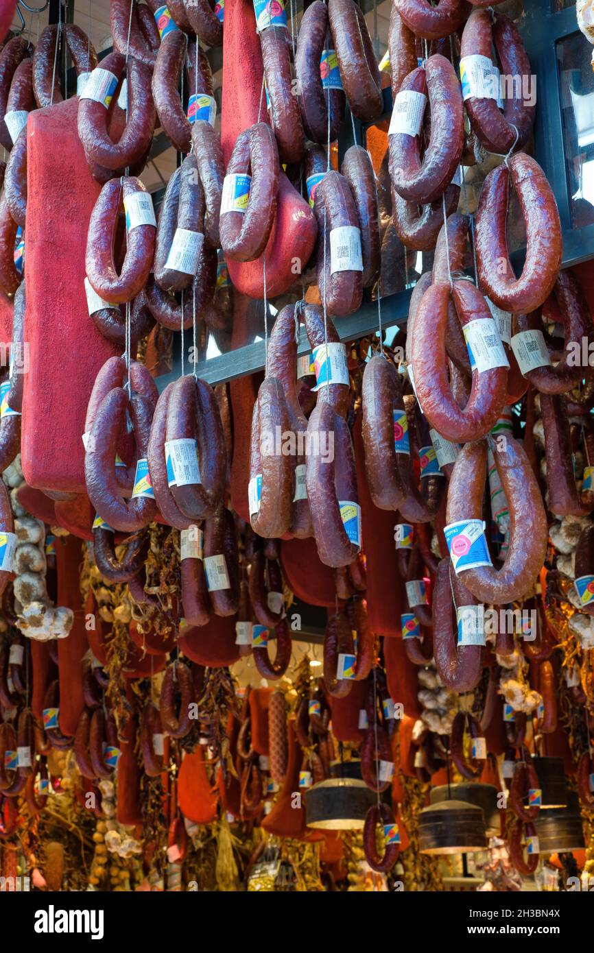 VOLOS, GREECE - Oct 25, 2021: handmade sausages, traditional sausage ...