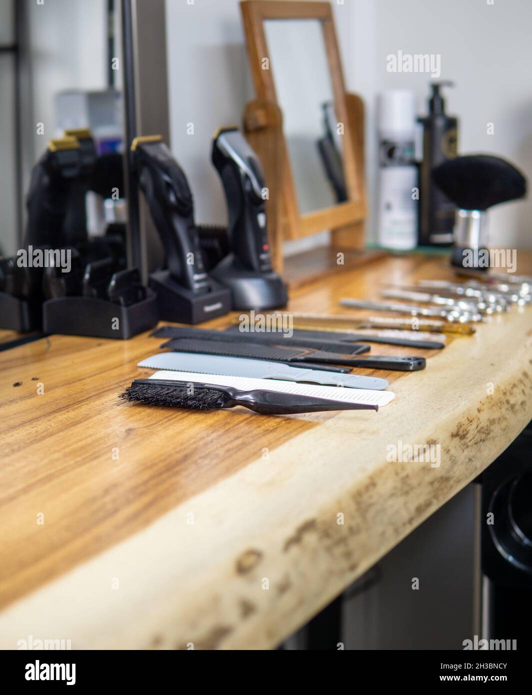 barber shop tools. mirror brush scissors combs. Tools for cutting beard ...