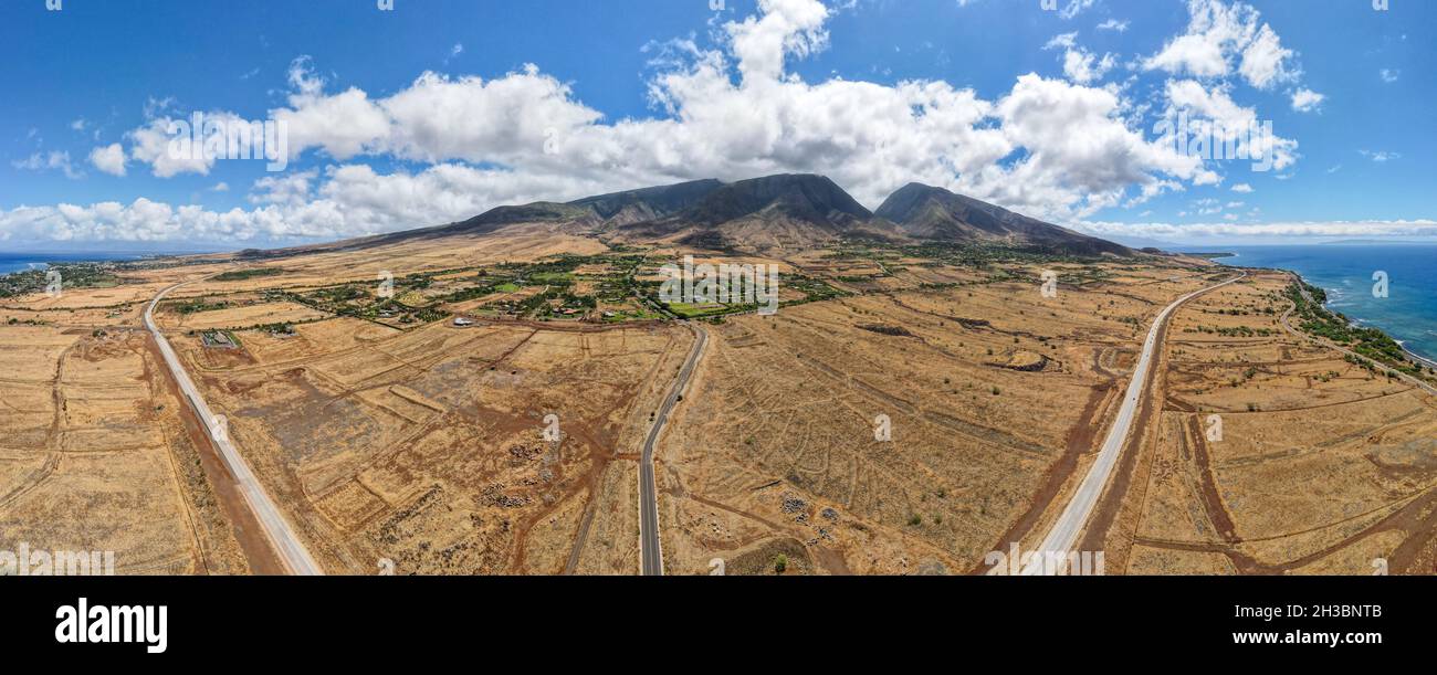 Aerial view of yellow dry landscape and mountain during hot summer in ...