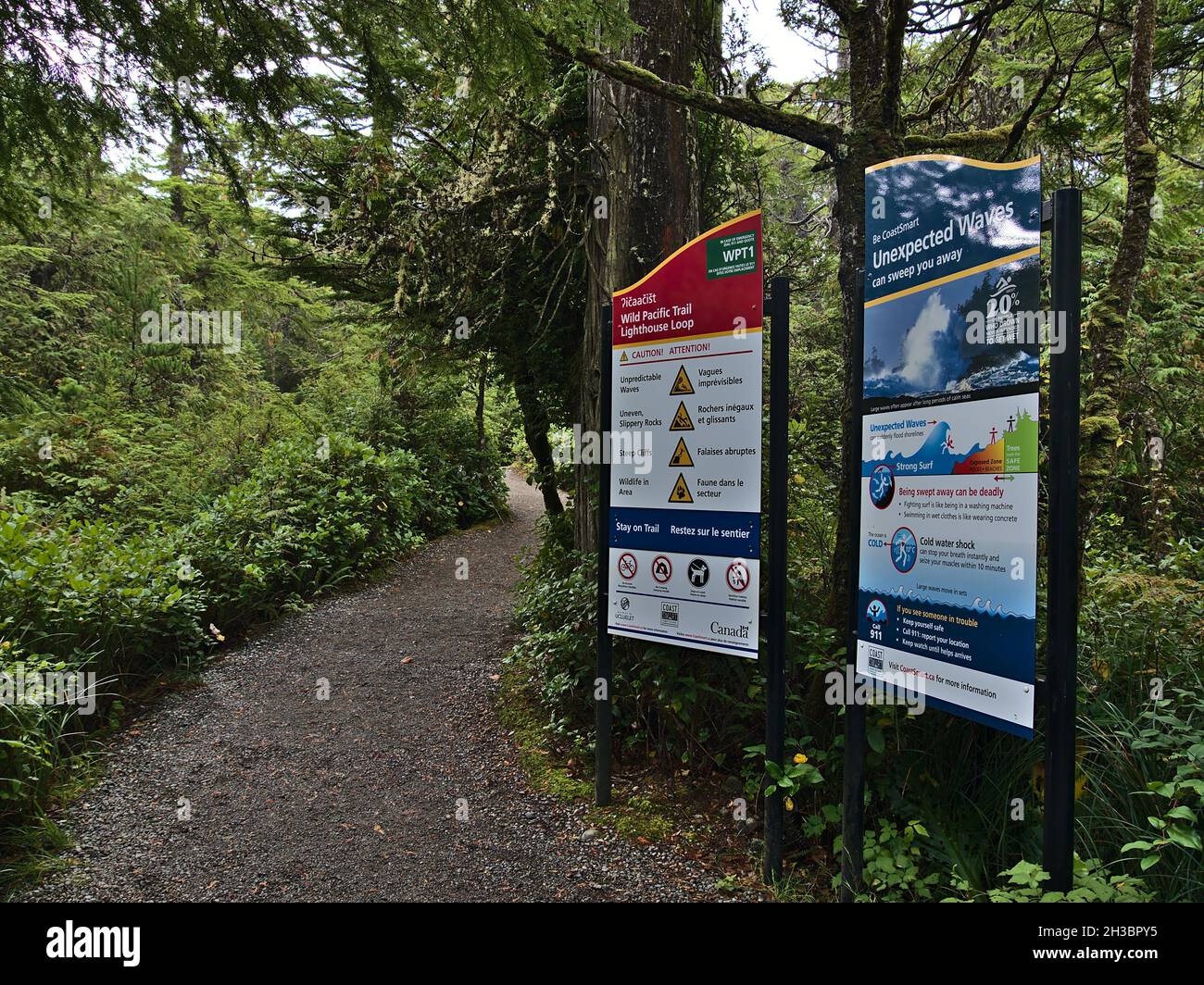 Information board with warning at trailhead of Wild Pacific Trail in ...