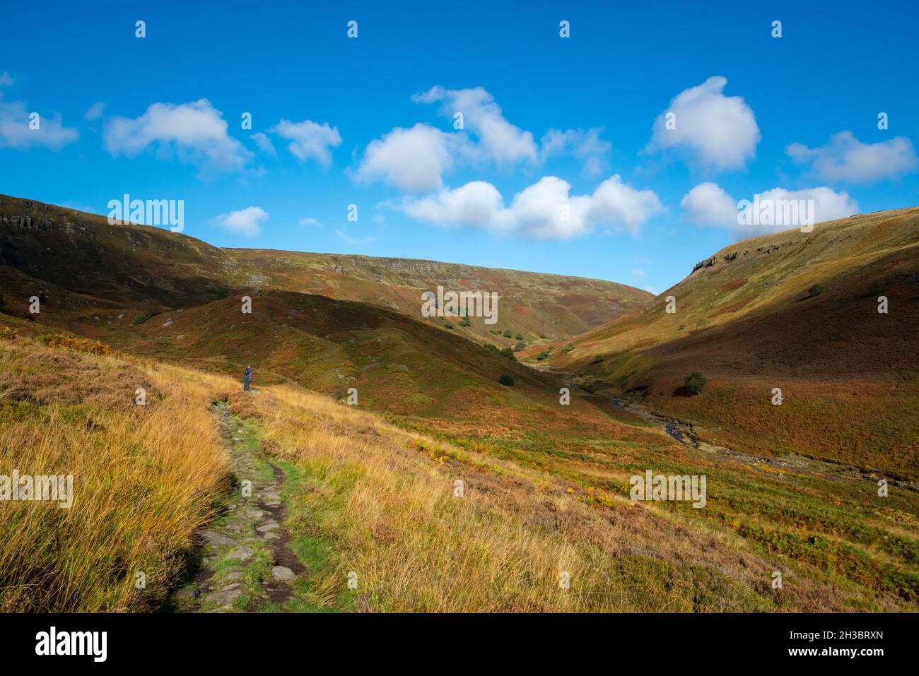 A walker on the Pennine Way at Crowden in North Derbyshire on a ...