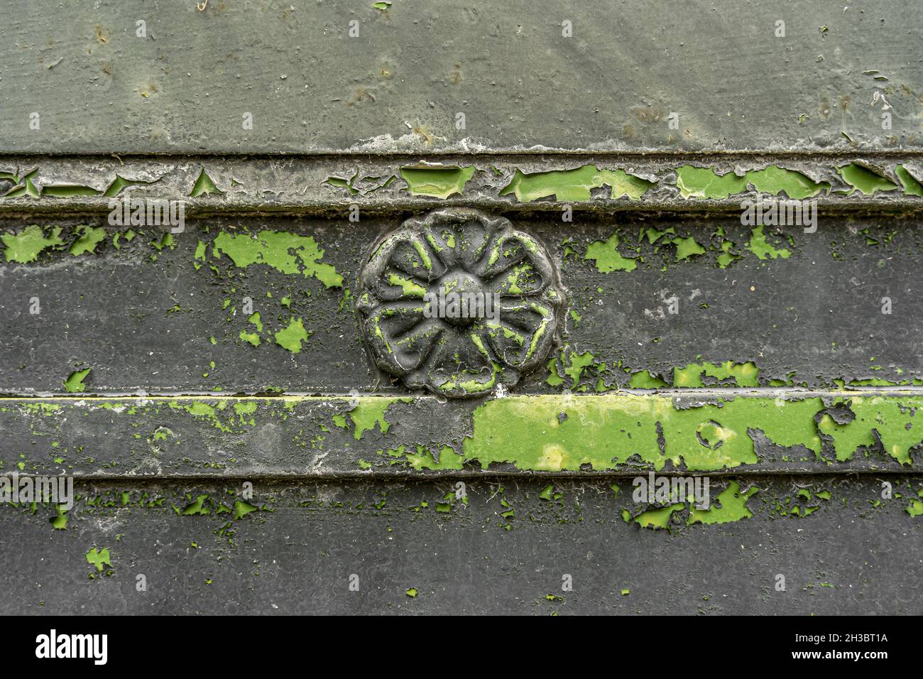 emblem in the shape of a flower on a rusty and scratched gray metal ...
