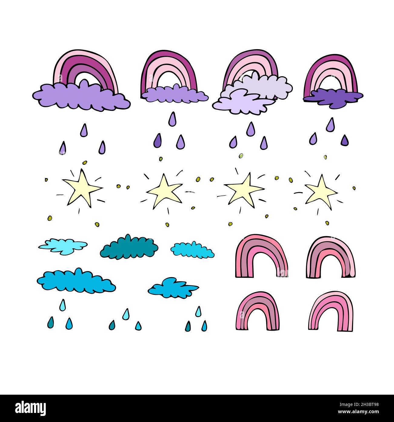 Graphic outline printing sign with pink rainbow, violet clouds, stars ...