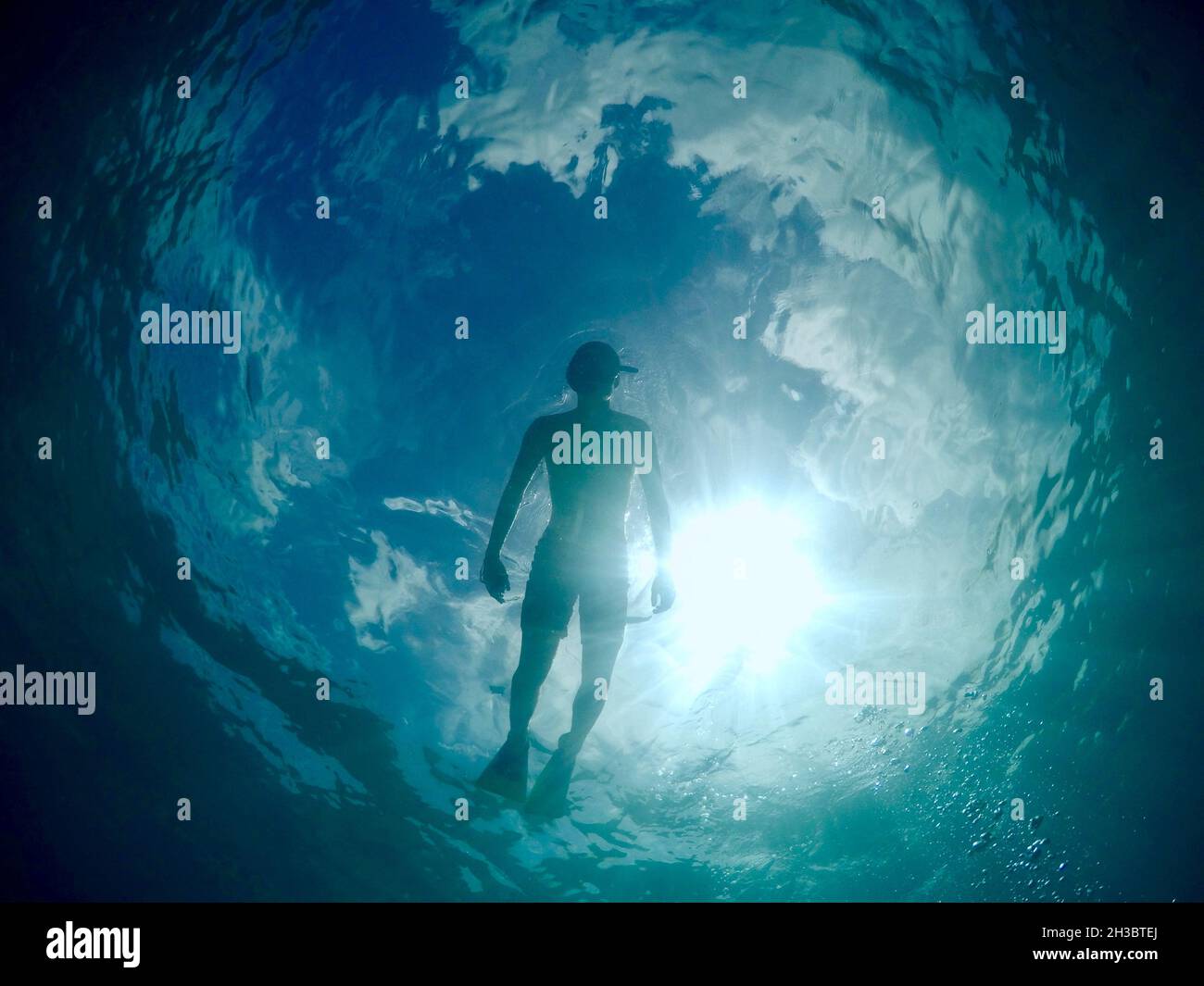 Low angle shot of a man diver is diving in the deep of great blue ocean ...