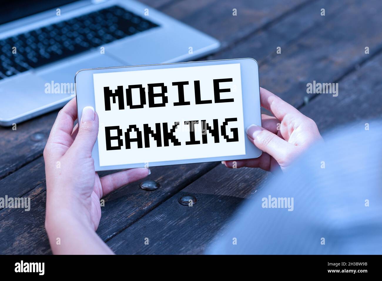 Text sign showing Mobile Banking. Conceptual photo Monitoring account ...