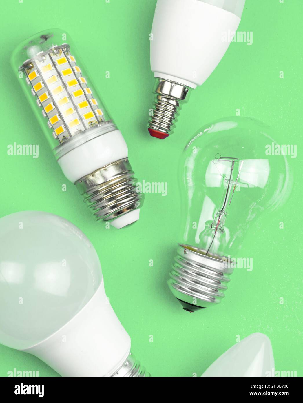 Different kinds of light bulbs together, eco green background. Energy saving concept. Flat lay ...
