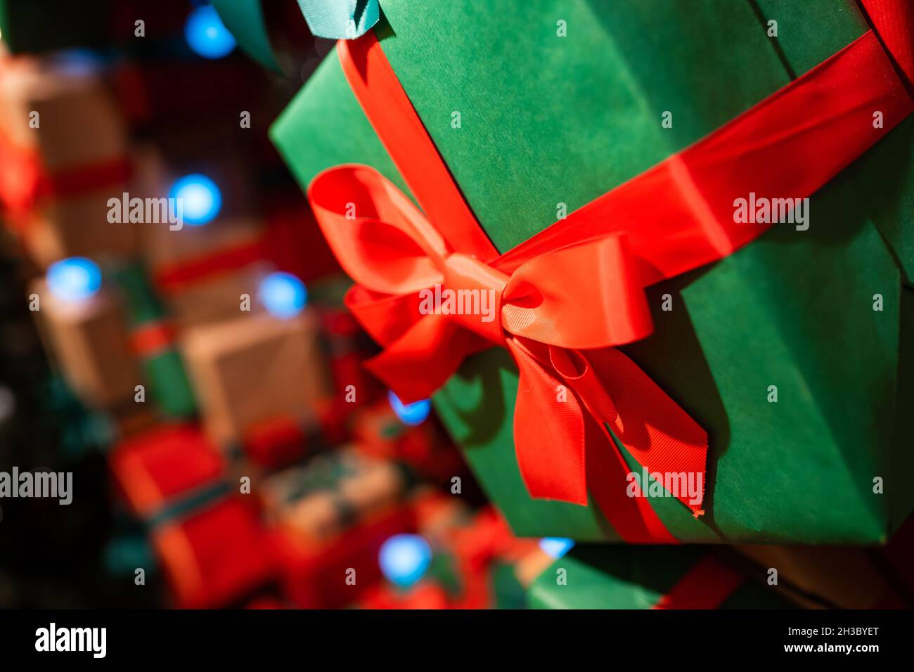 Gift boxes with ribbons of different colors Stock Photo - Alamy