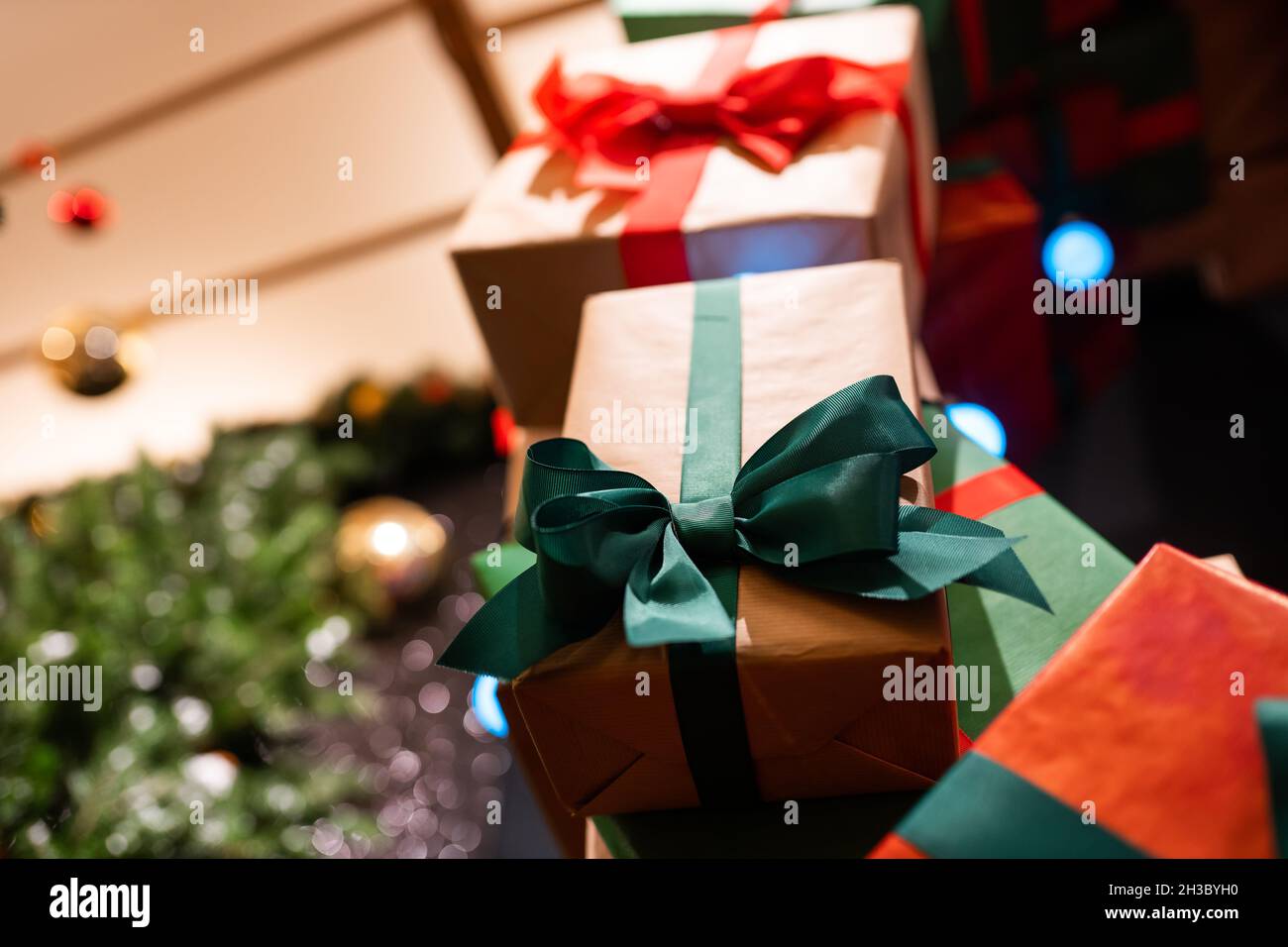 Gift boxes with ribbons of different colors Stock Photo - Alamy