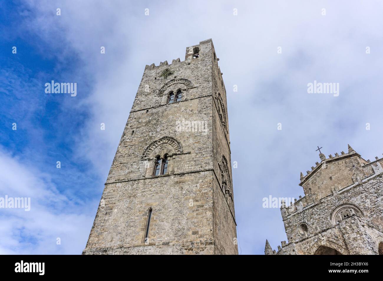 The bell tower of the Chiesa Madre church in the centre of Erice in ...