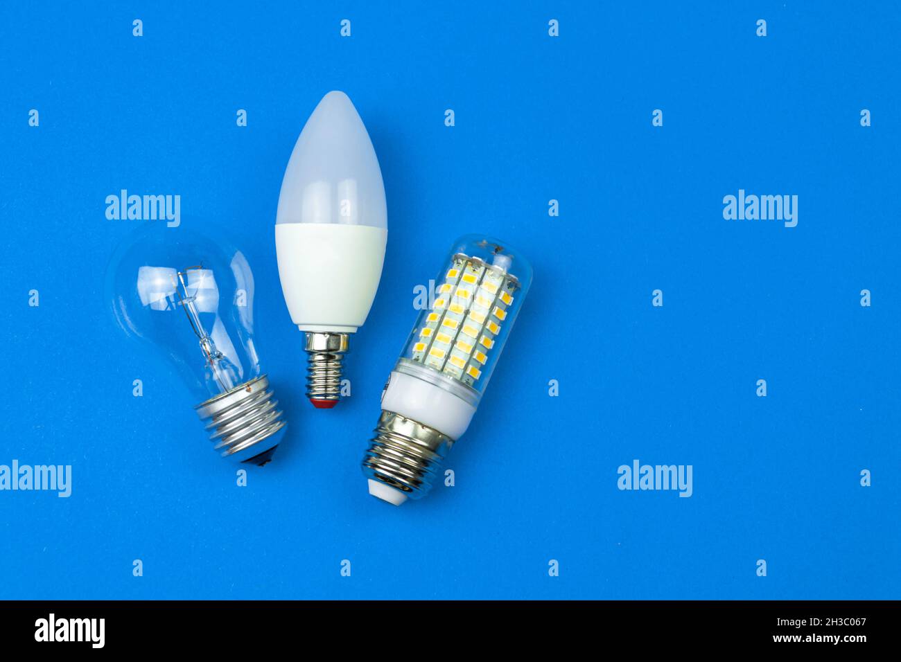 From old to new, fluorescent and LED light bulbs together, blue ...