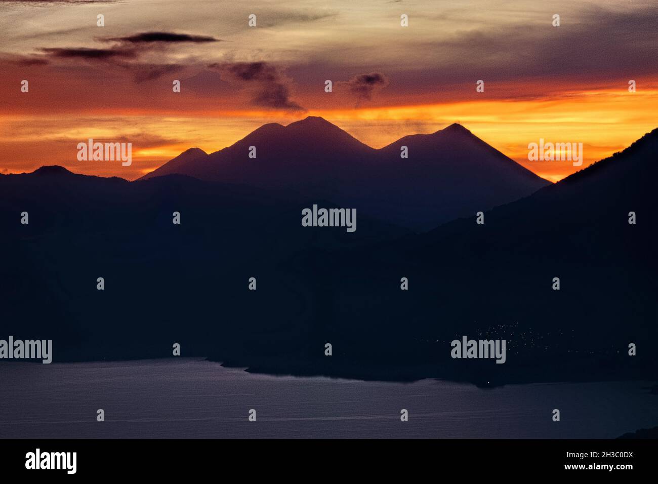 Sunrise over Lake Atitlan and Fuego, volcano, Lago Atitlan, Guatemala ...