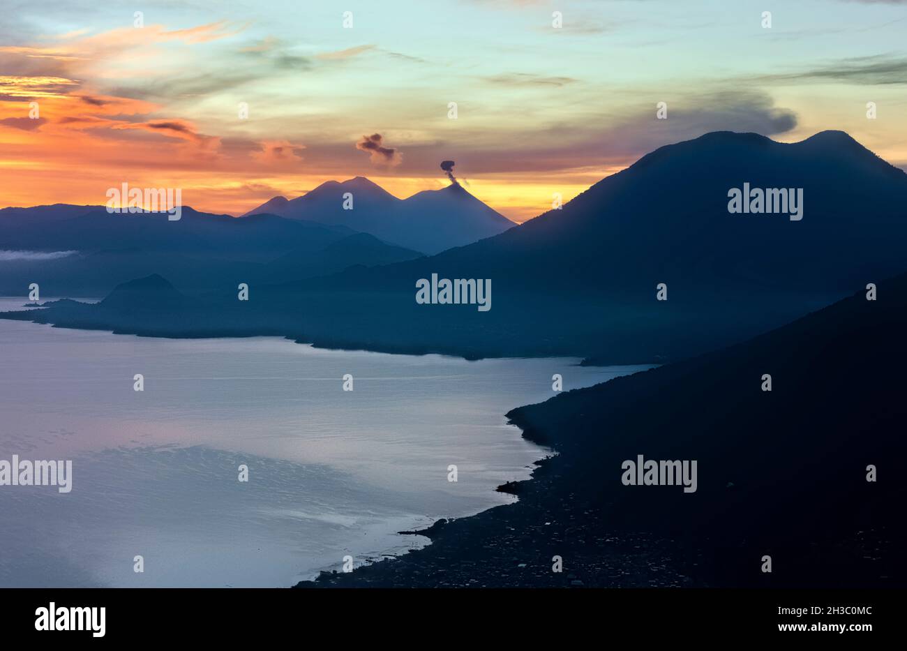 Sunrise over Lake Atitlan and Fuego, volcano, Lago Atitlan, Guatemala ...