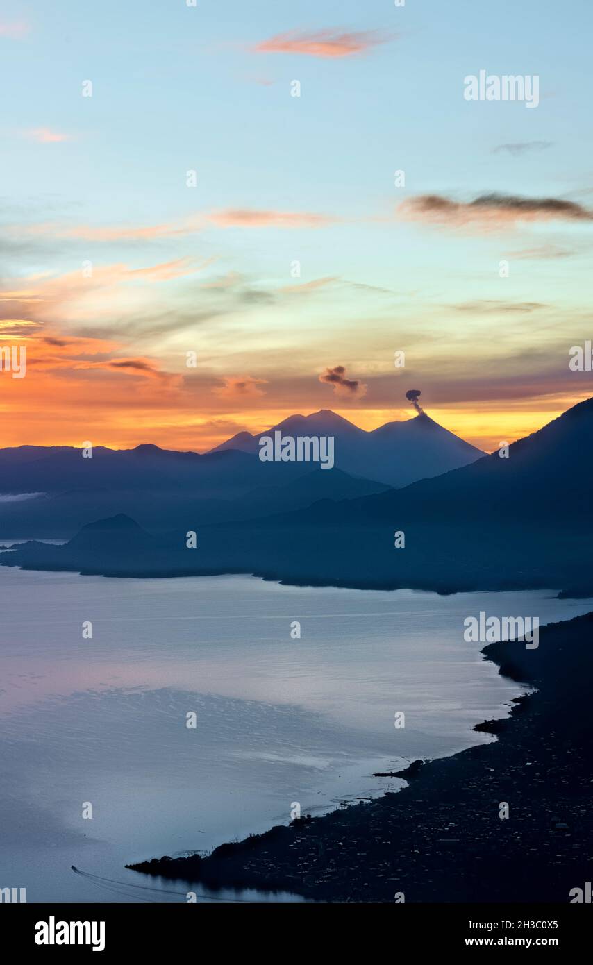 Sunrise over Lake Atitlan and Fuego, volcano, Lago Atitlan, Guatemala ...