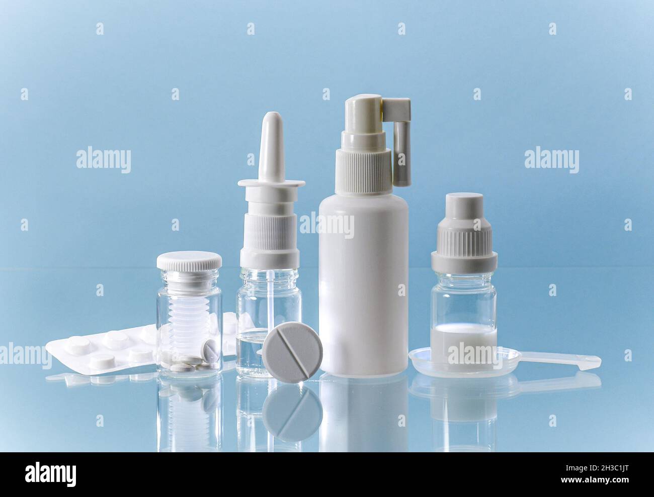 Pharmacy medicines in various forms of release of white color ...