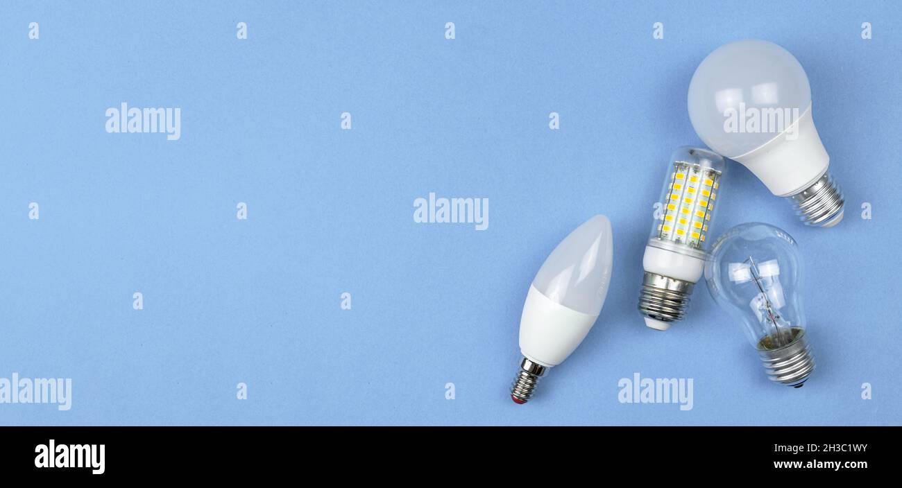 Different kinds of light bulbs, pastel blue background. Energy saving ...