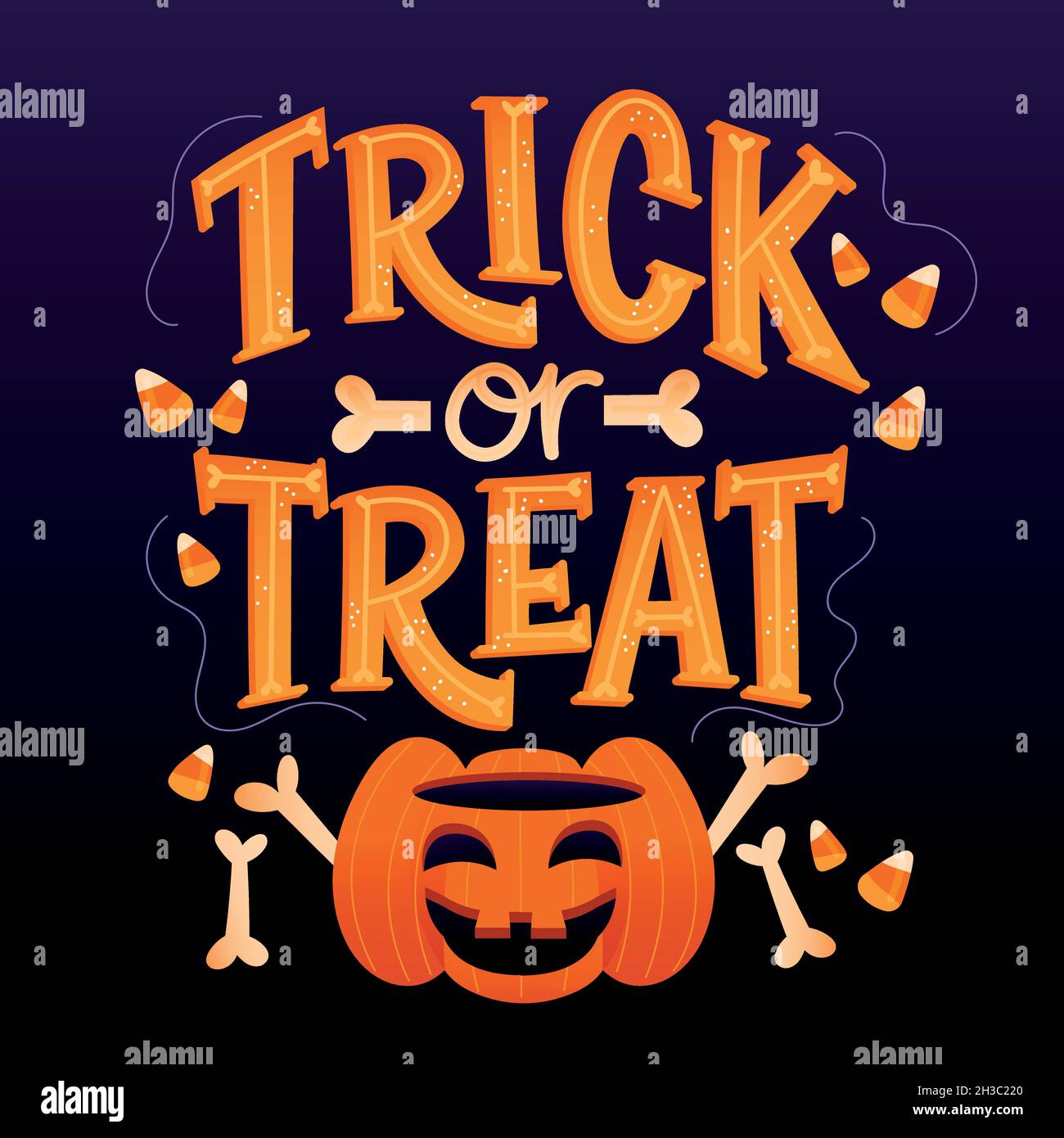 trick treat lettering with pumpkin bones design vector illustration ...