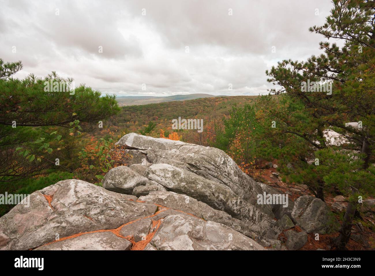 rocky hillside on mountain in Massachusetts on cloudy day in autumn ...