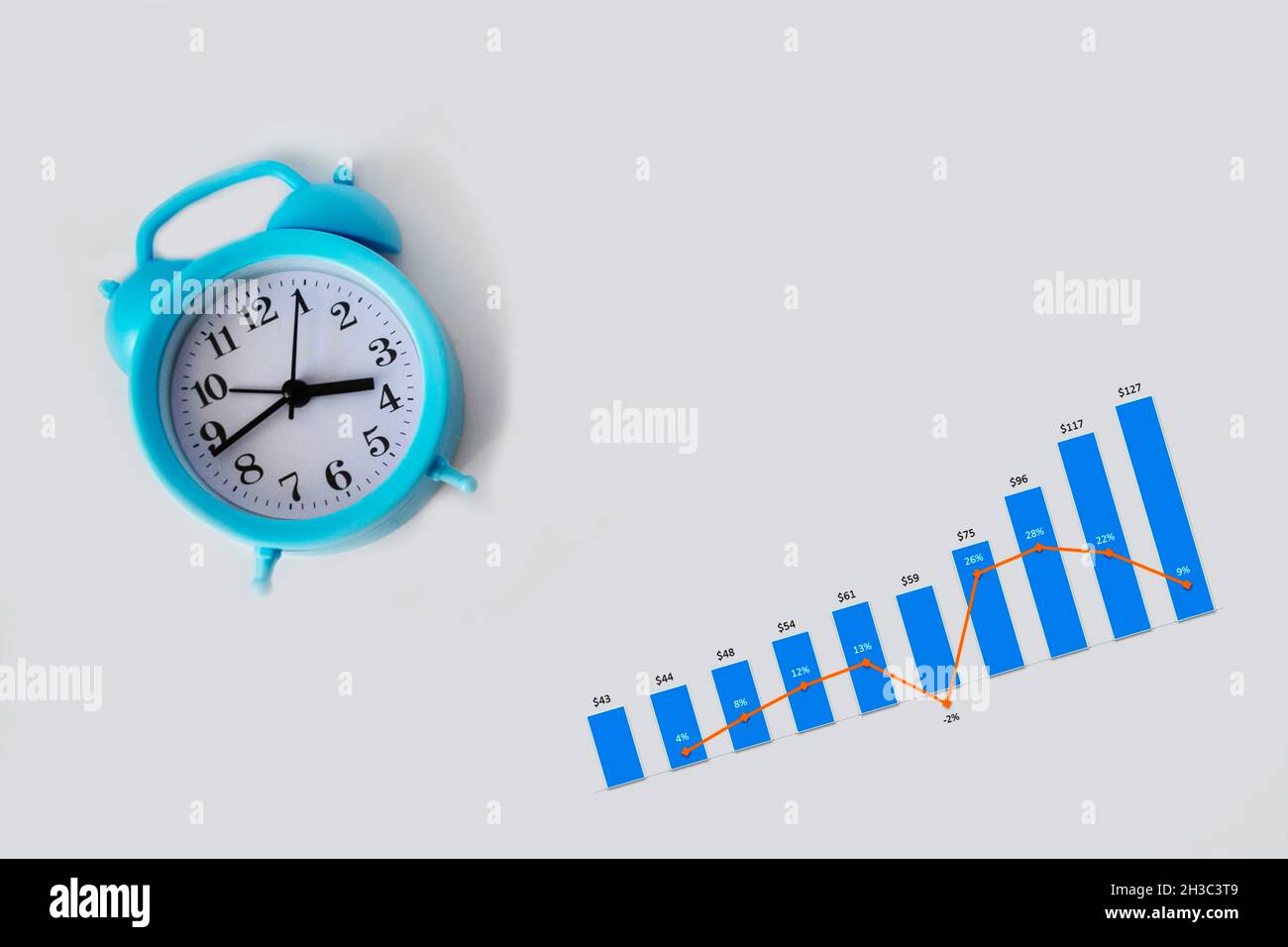 Blue alarm clock and growth graph isolated on white background Stock ...