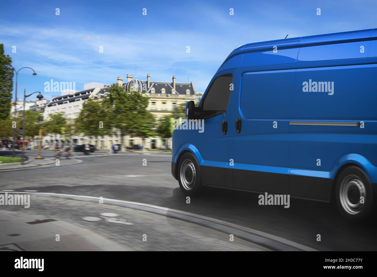 Transportation service with a blue van moving fast on the road Stock ...