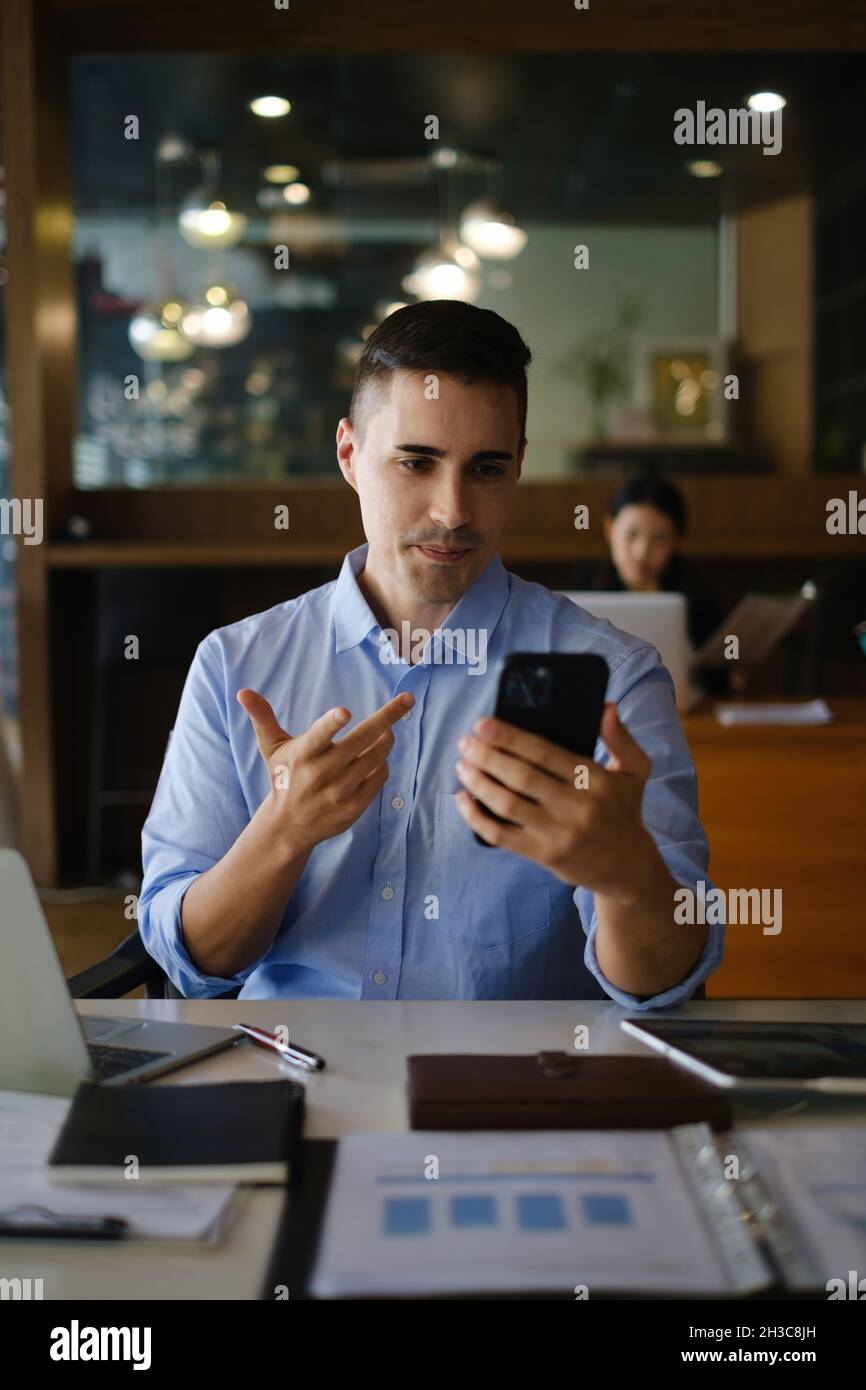 Online video conference and Digital meeting. American Businessman ...