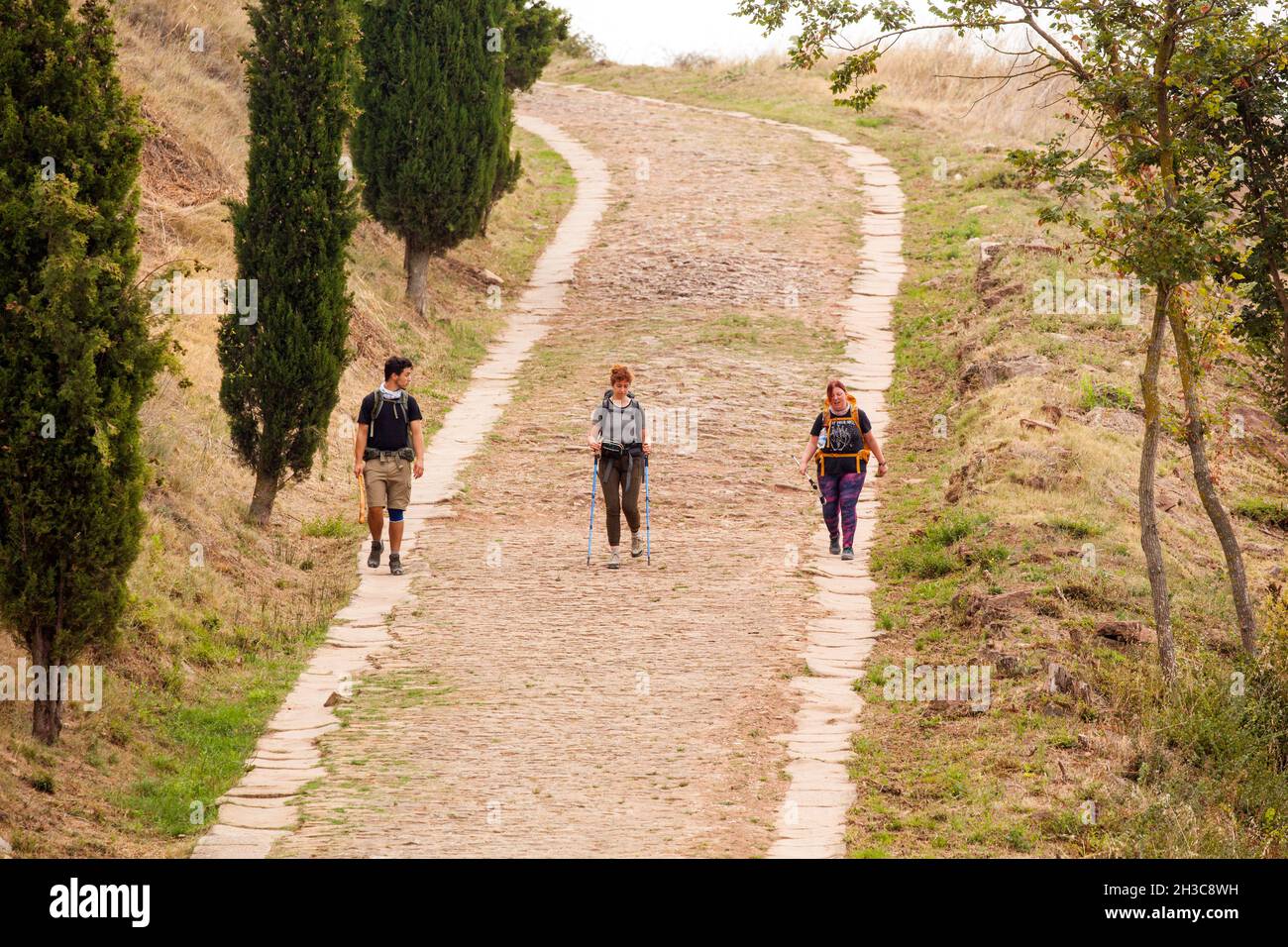 Pilgrims walking the Spanish Camino de Santiago the way of St James ...