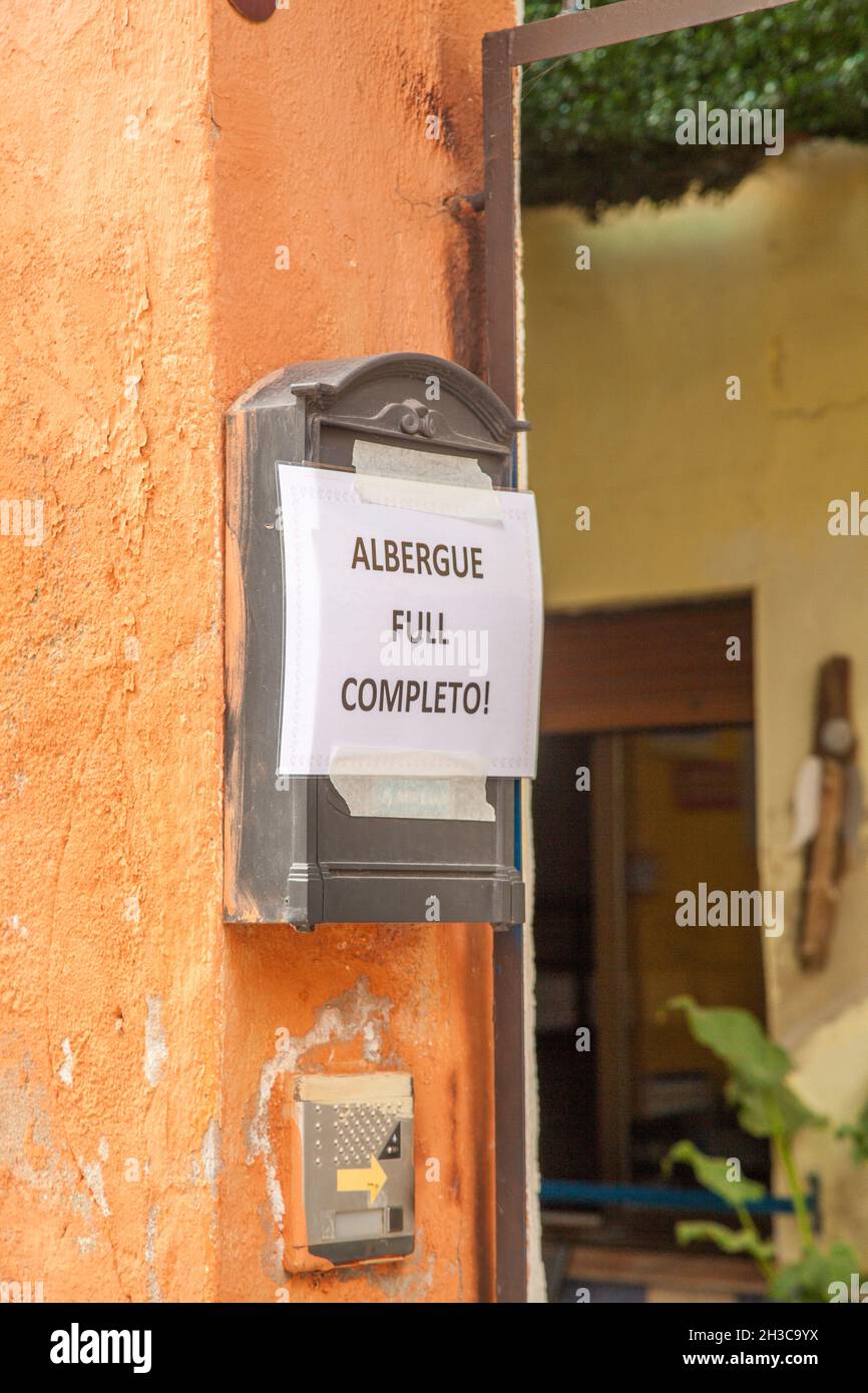 Sign saying Albergue full to pilgrims walking the Camino de Santiago ...