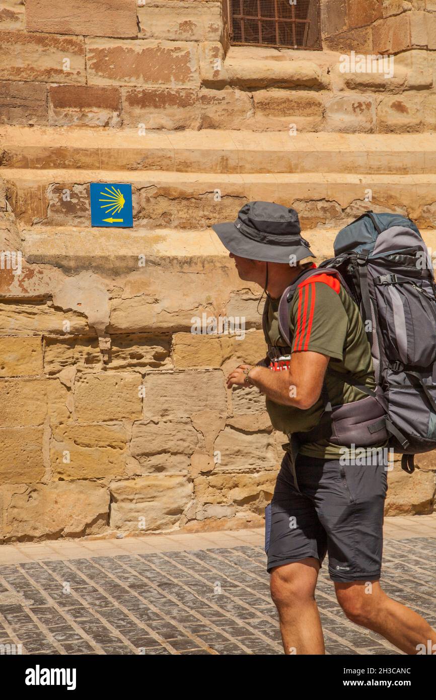 Pilgrims hiking through the Spanish town of Navarrete, La Rioja ,while ...