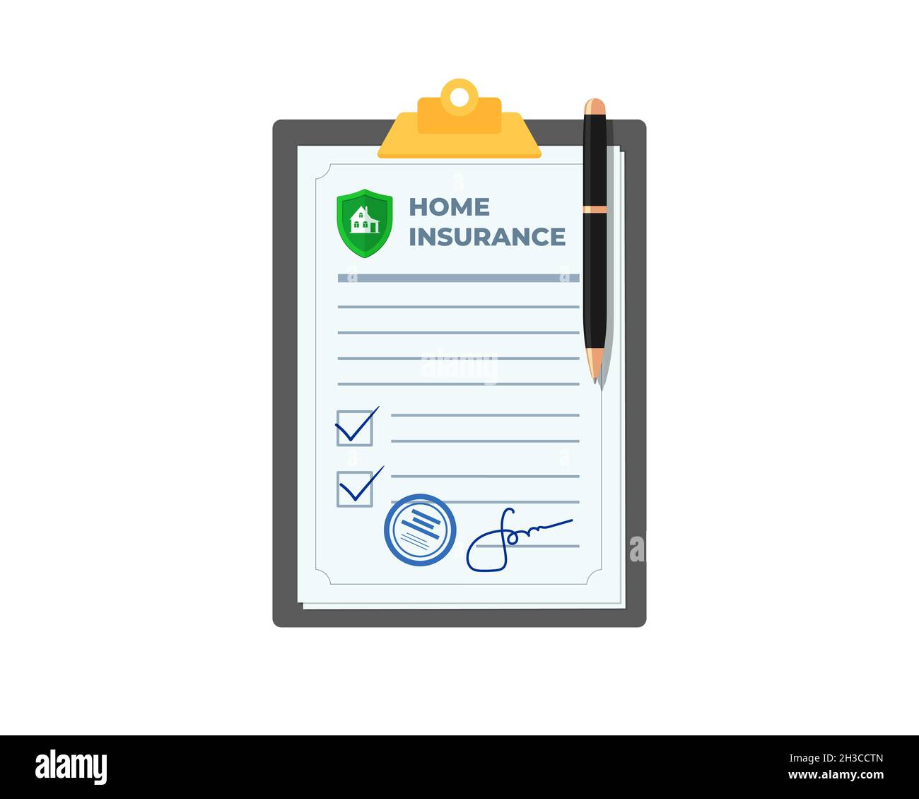 Home insurance policy on clipboard with pen isolated icon. Company ...