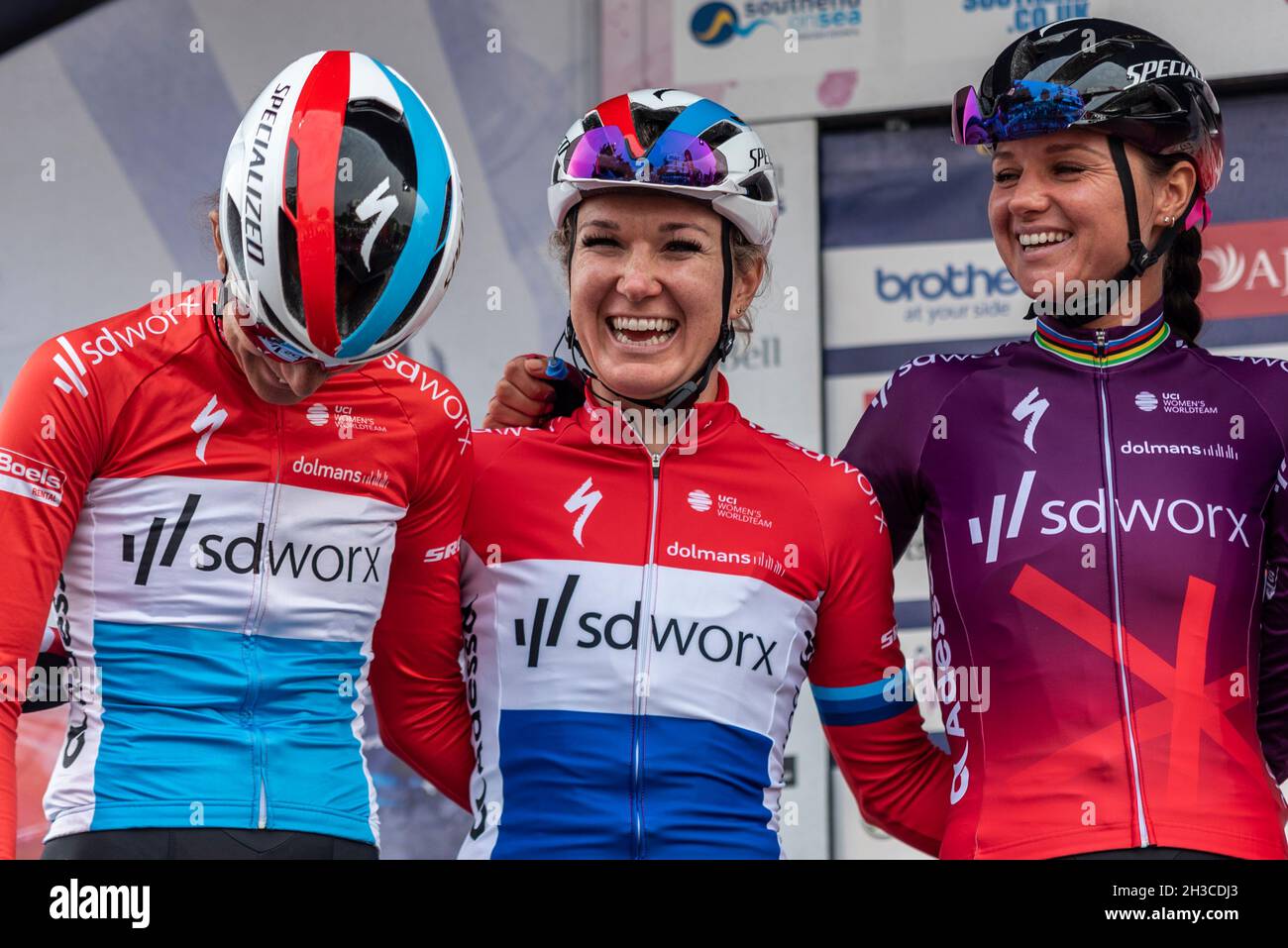 Christine Majerus, Amy Pieters, Chantal Blaak of SD Worx preparing to race the AJ Bell Women's ...