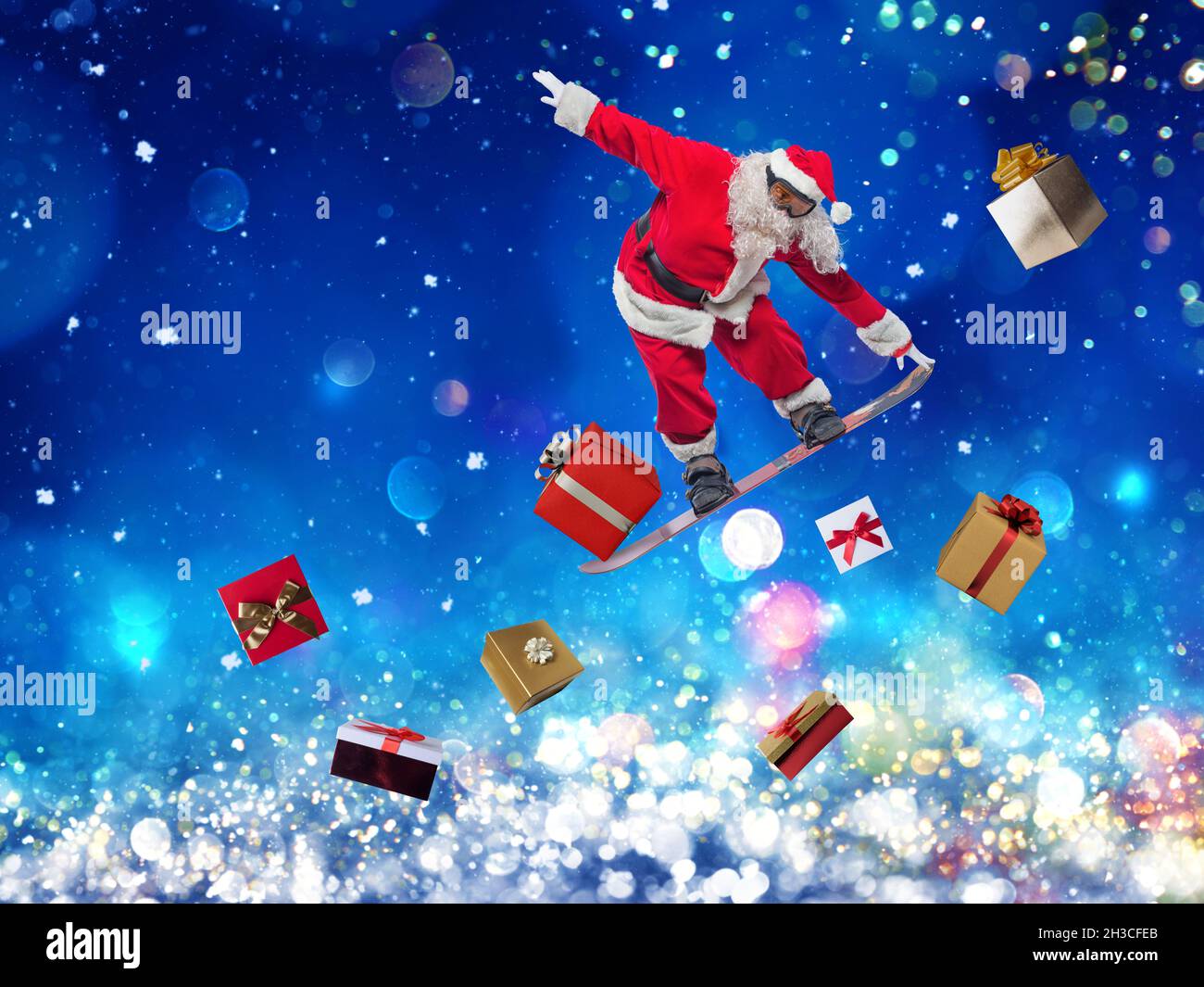 Santa claus jumps with a snowboard board Stock Photo - Alamy