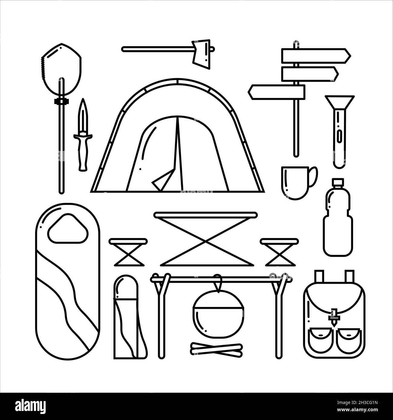 Hiking bundle set in linear style. Collection items for hiking tourism ...