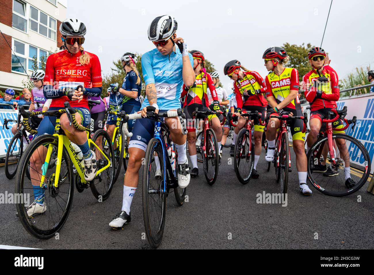 Female cyclists gathered at the start of Stage Four of the AJ Bell ...