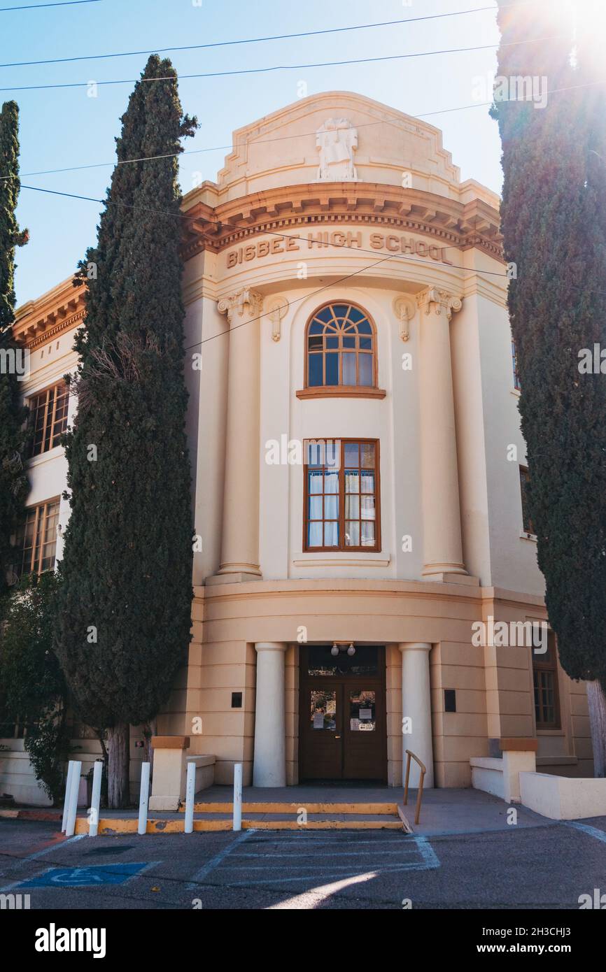 The historic facade of the Bisbee High School building in the old ...