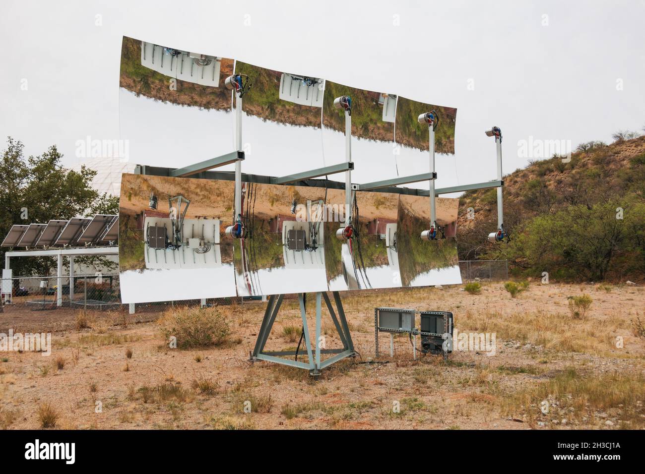 Highly reflective mirrors that capture solar energy, at the Biosphere 2 ...