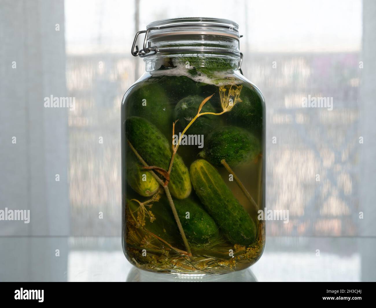Pickled cucumbers - stand on the table in the window, blurry light ...