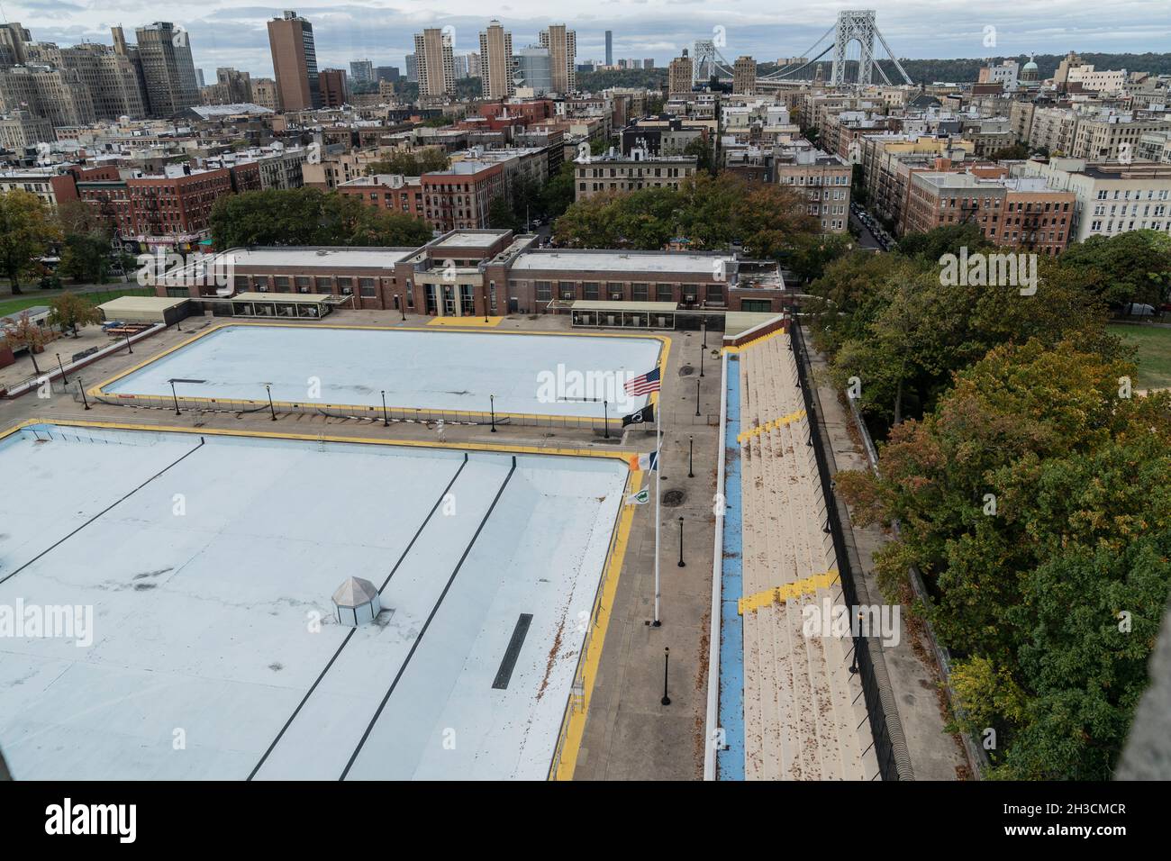 New York, NY - October 27, 2021: View of the a public pool from window ...
