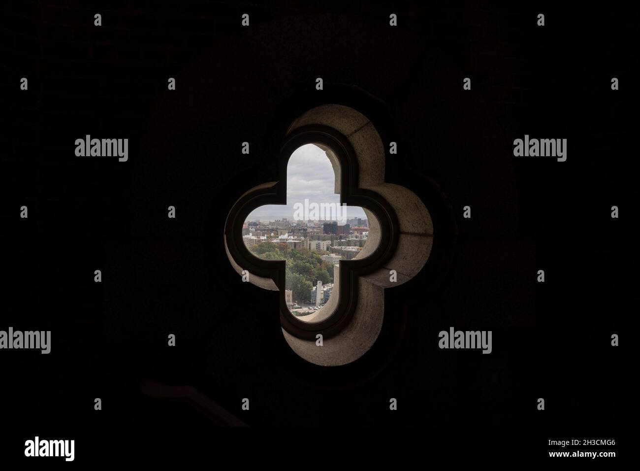 View of the city from an ornate window of the restored Highbridge Water ...