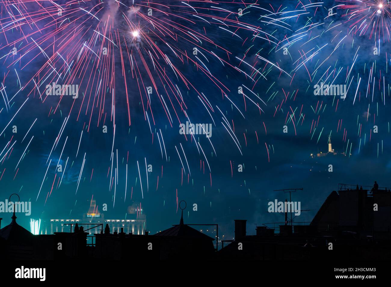Colorful fireworks on August 20th, national holiday in Hungary, with ...