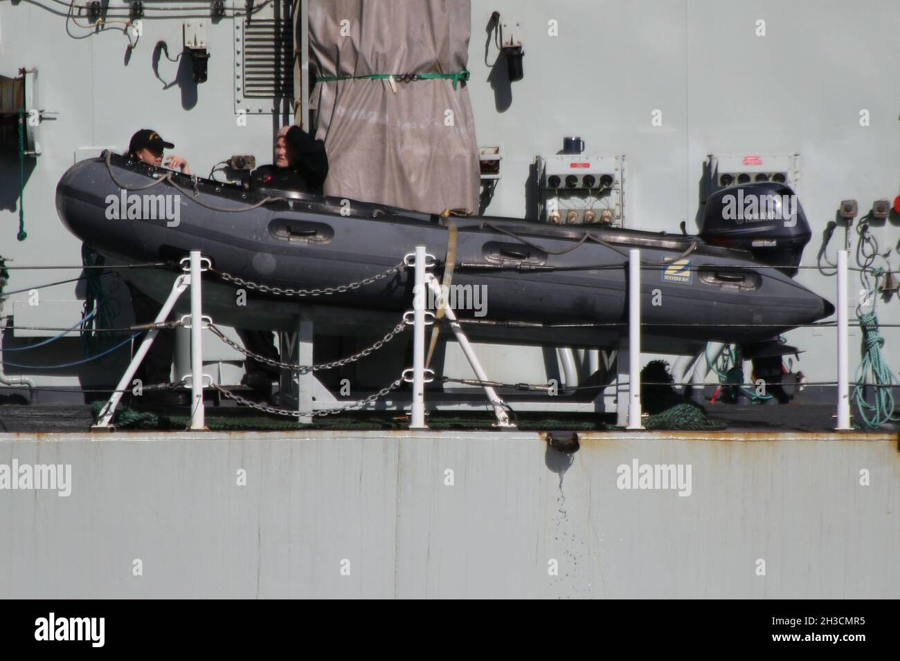 A Zodiac RHIB, noted on board HMCS Fredericton (FFH-337), a Halifax ...