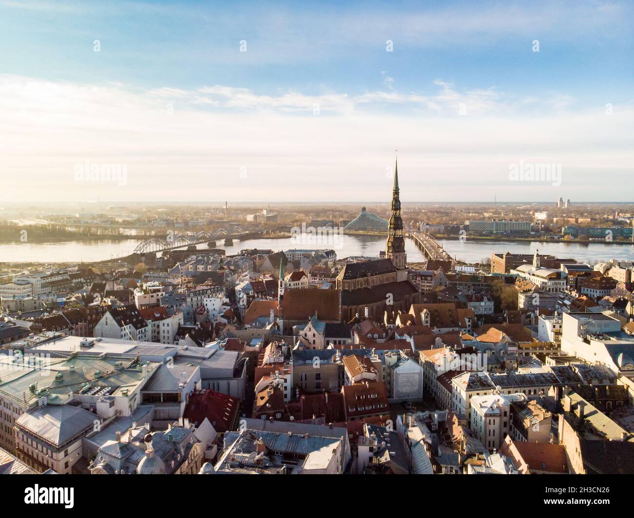 Beautiful Riga city panorama in winter with snow covered houses ...