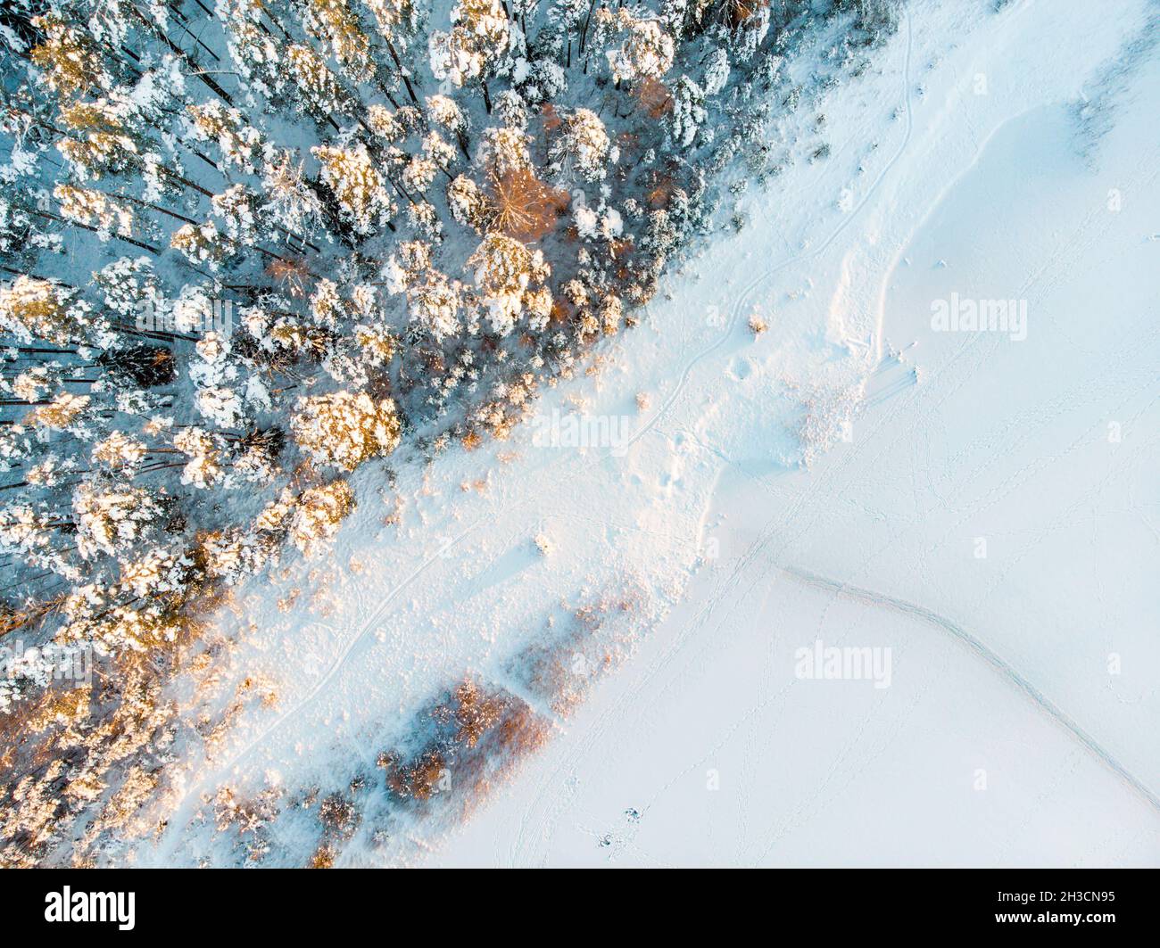 Beautiful aerial view of snow covered pine forests aroung Gela lake ...
