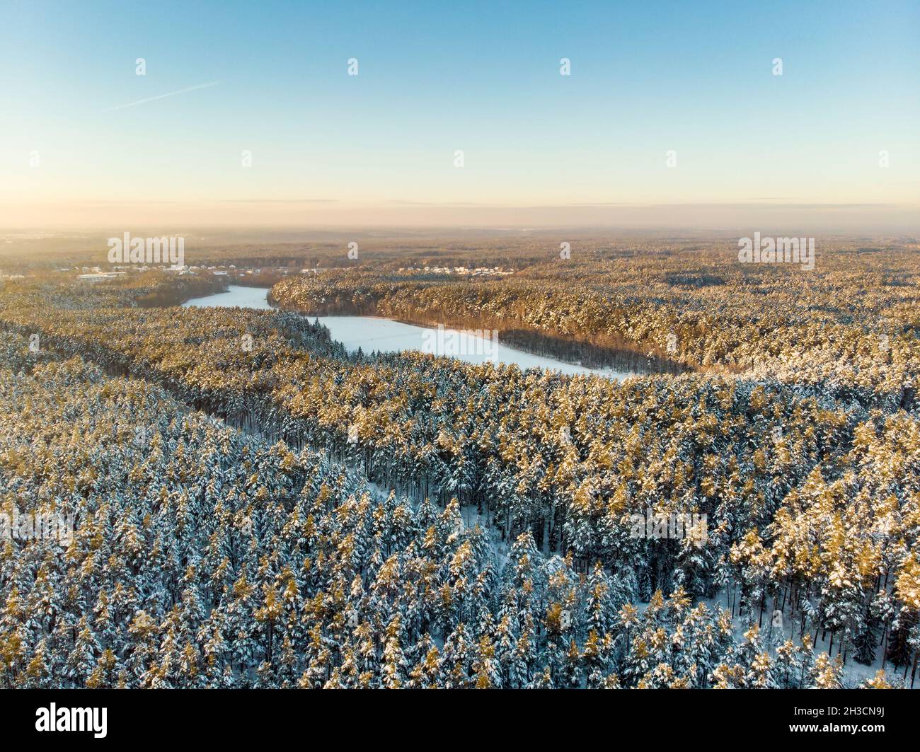 Beautiful aerial view of snow covered pine forests. Rime ice and hoar ...